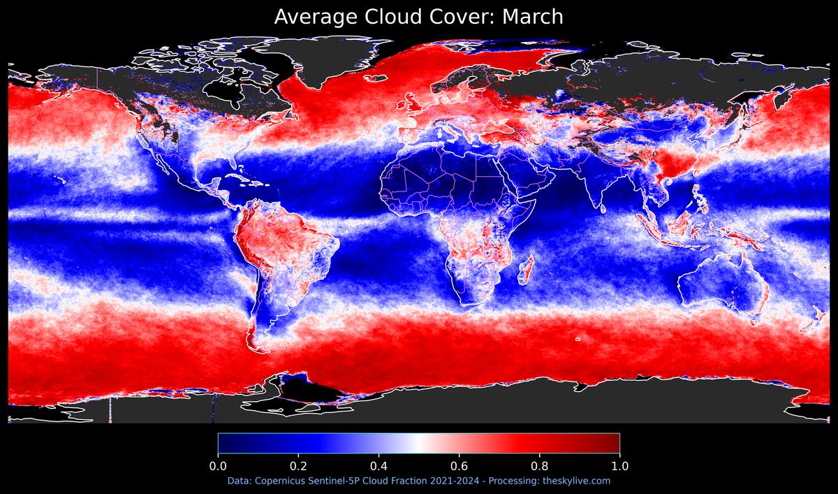 Marzo: mappa della copertura nuvolosa media | TheSkyLive
