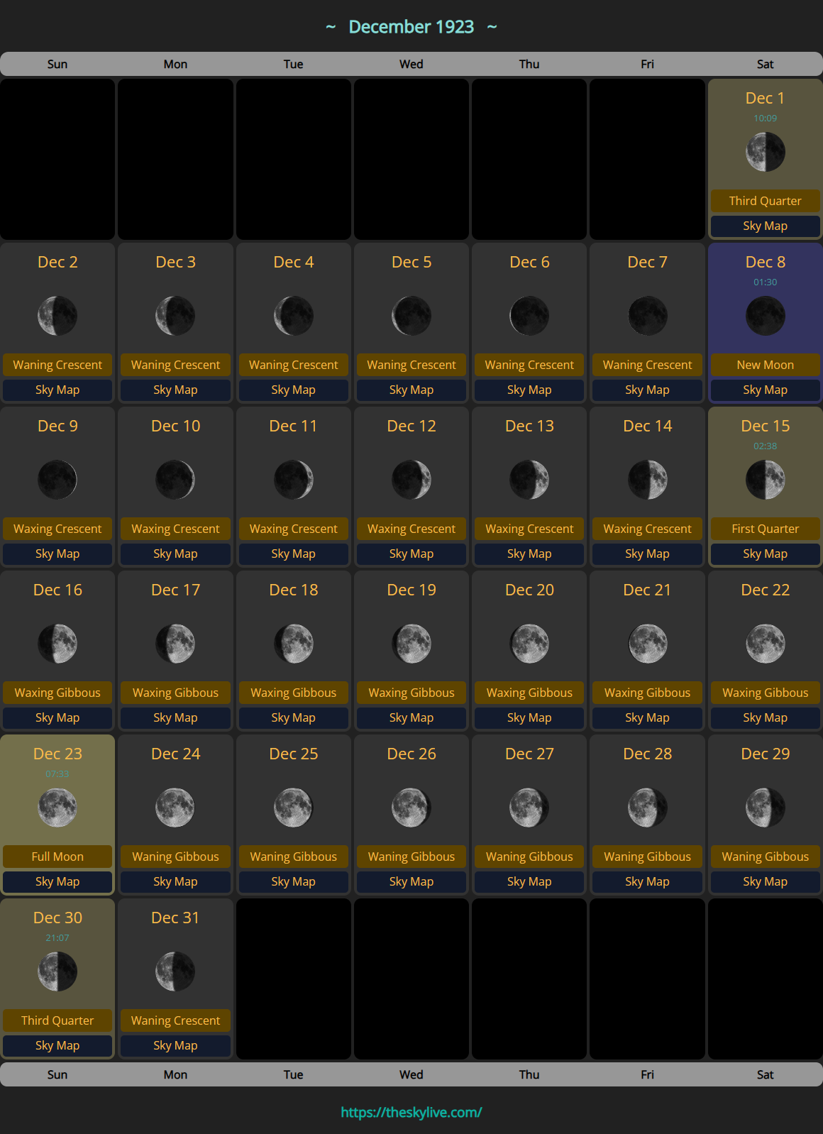 Moon Calendar: December 1923 | TheSkyLive