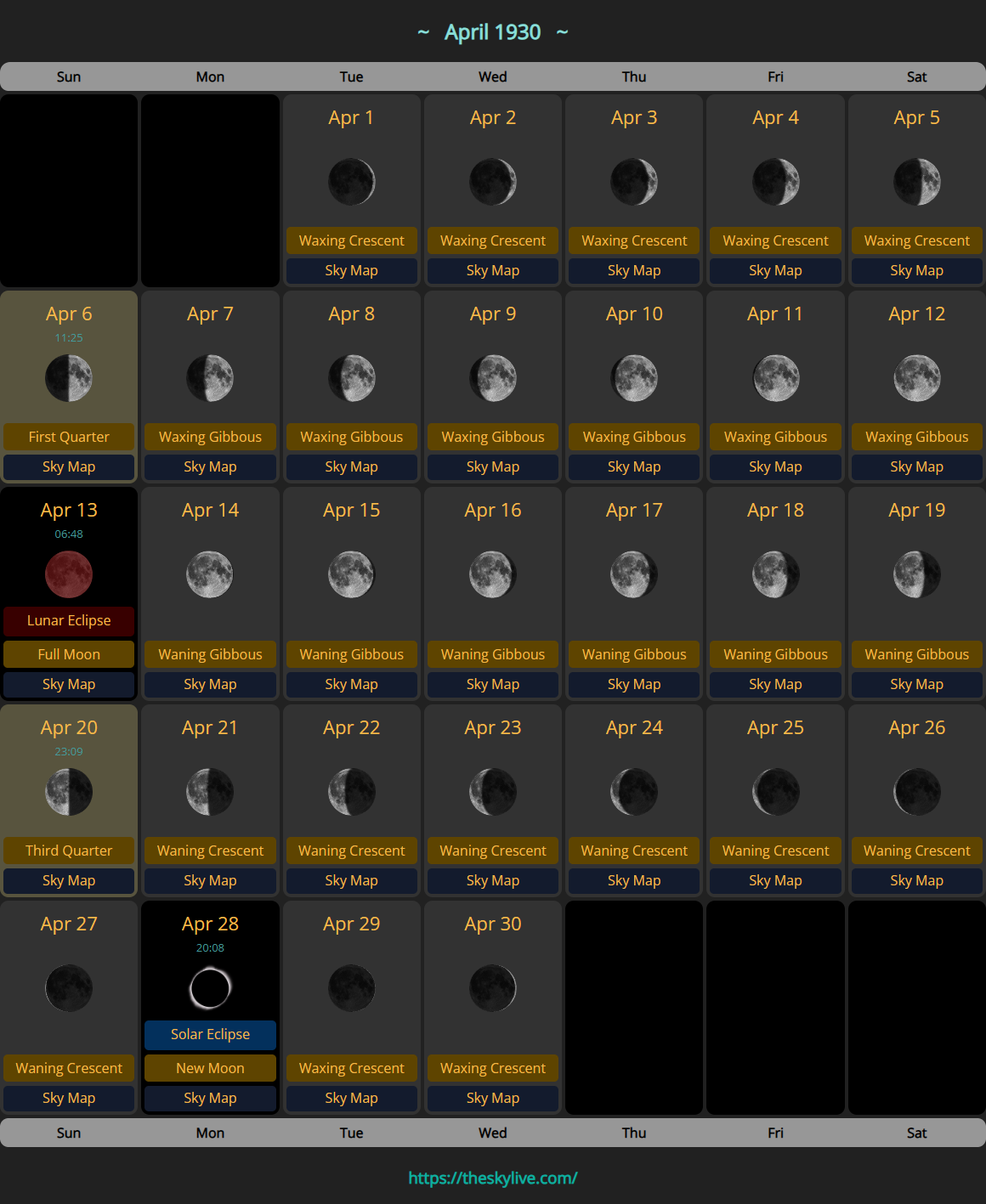Moon Calendar: April 1930 | TheSkyLive