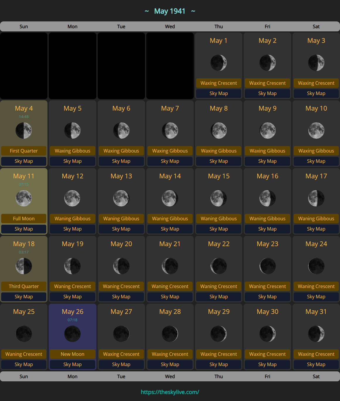 Moon Calendar: May 1941 | TheSkyLive