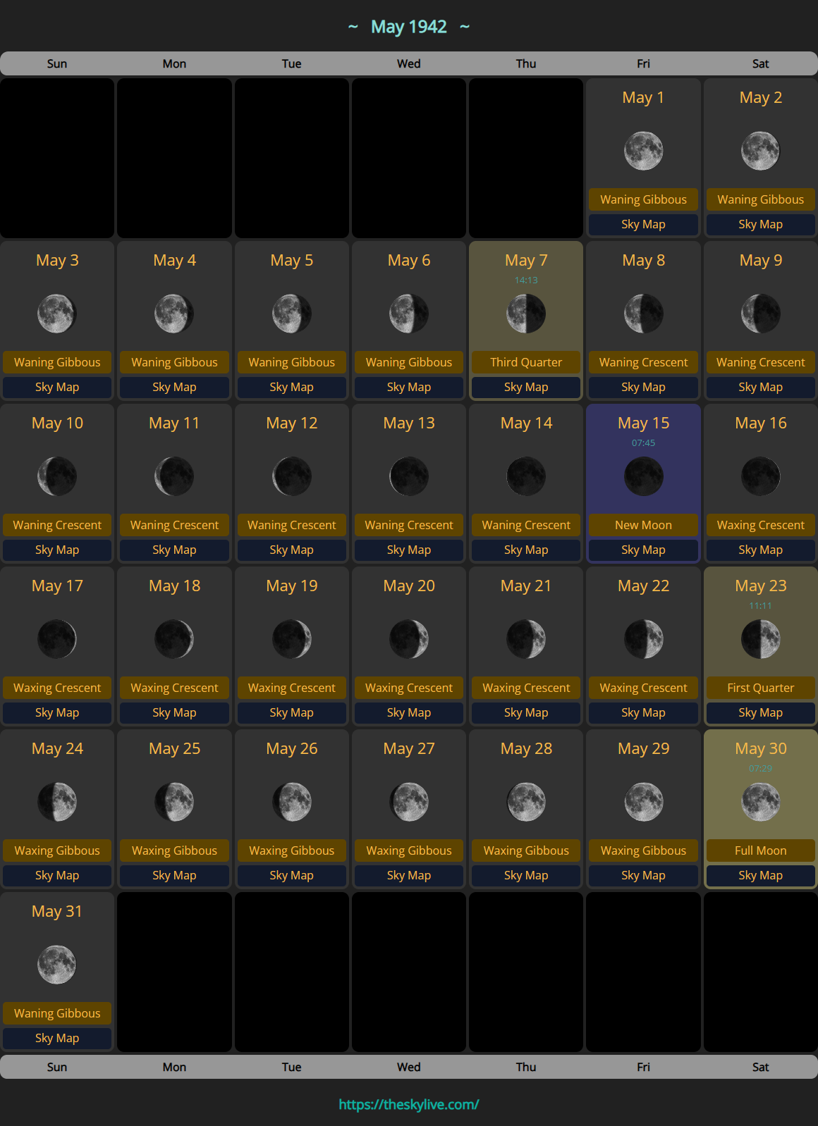 Moon Calendar: May 1942 | TheSkyLive