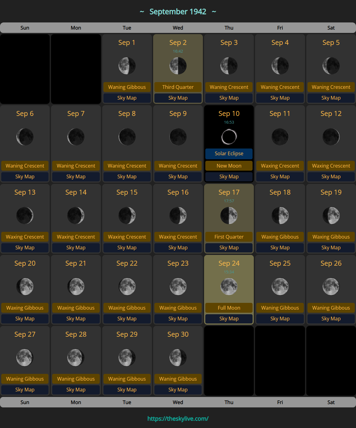 Calendario lunare: settembre 1942 | TheSkyLive