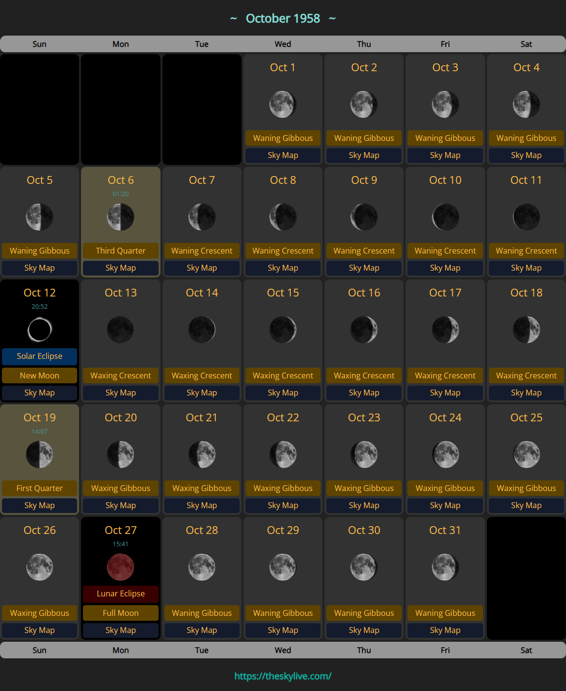 Moon Calendar: October 1958 | TheSkyLive