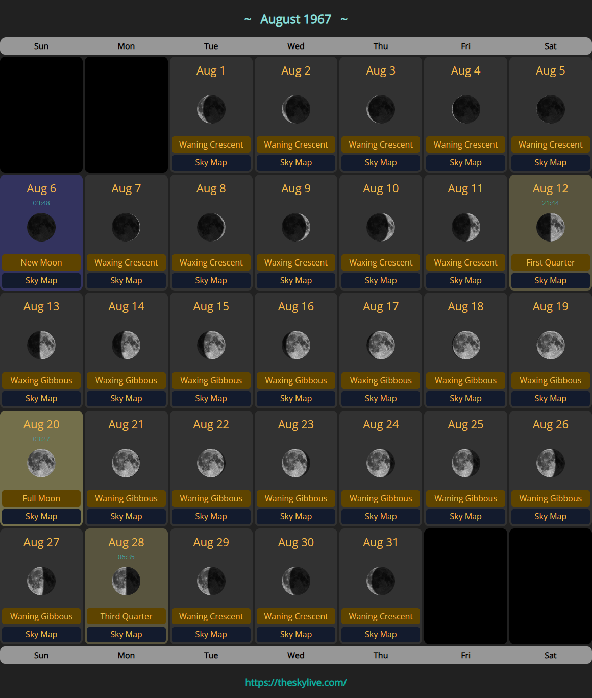 Moon Calendar: August 1967 | TheSkyLive