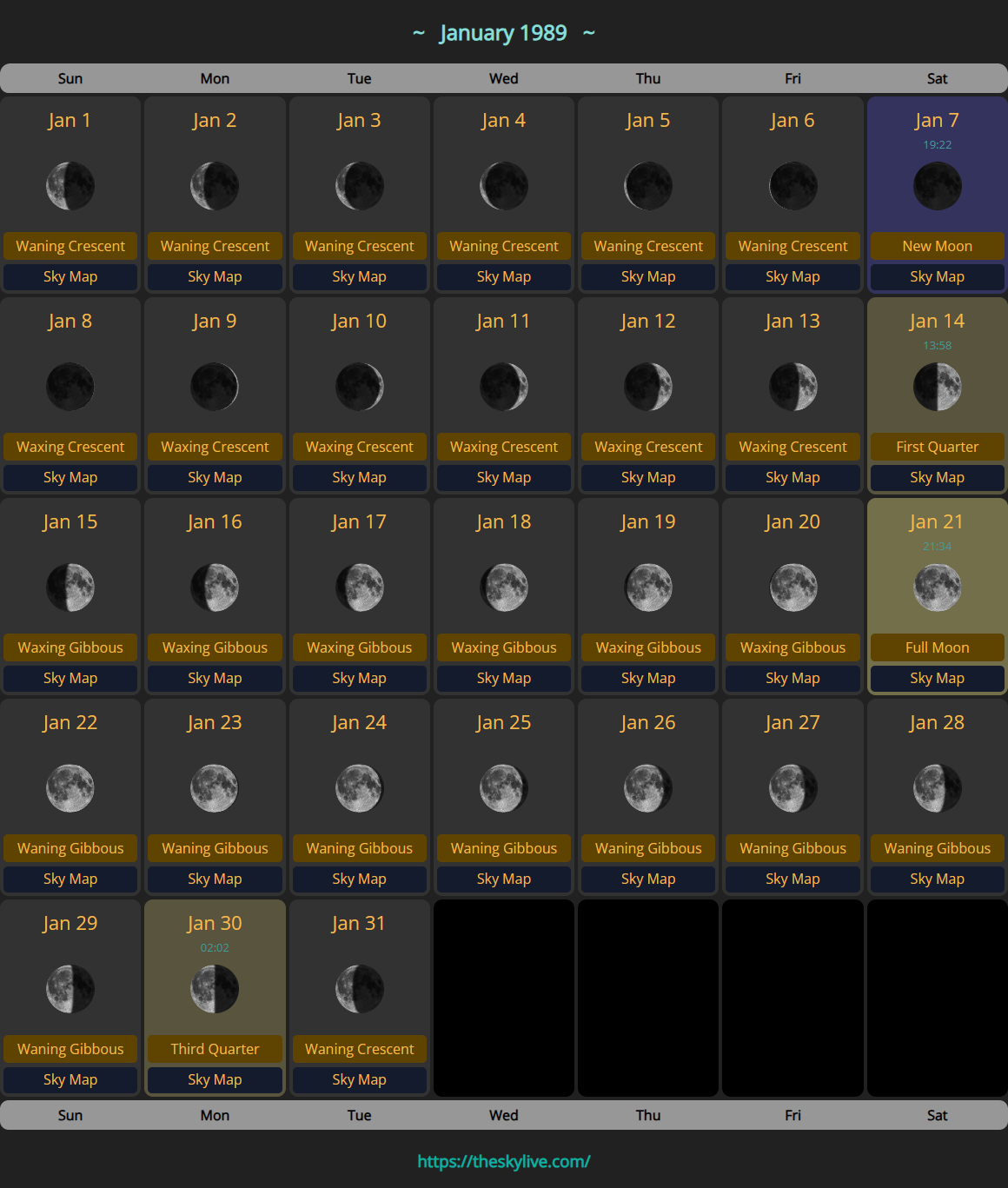 Moon Calendar: January 1989 | TheSkyLive