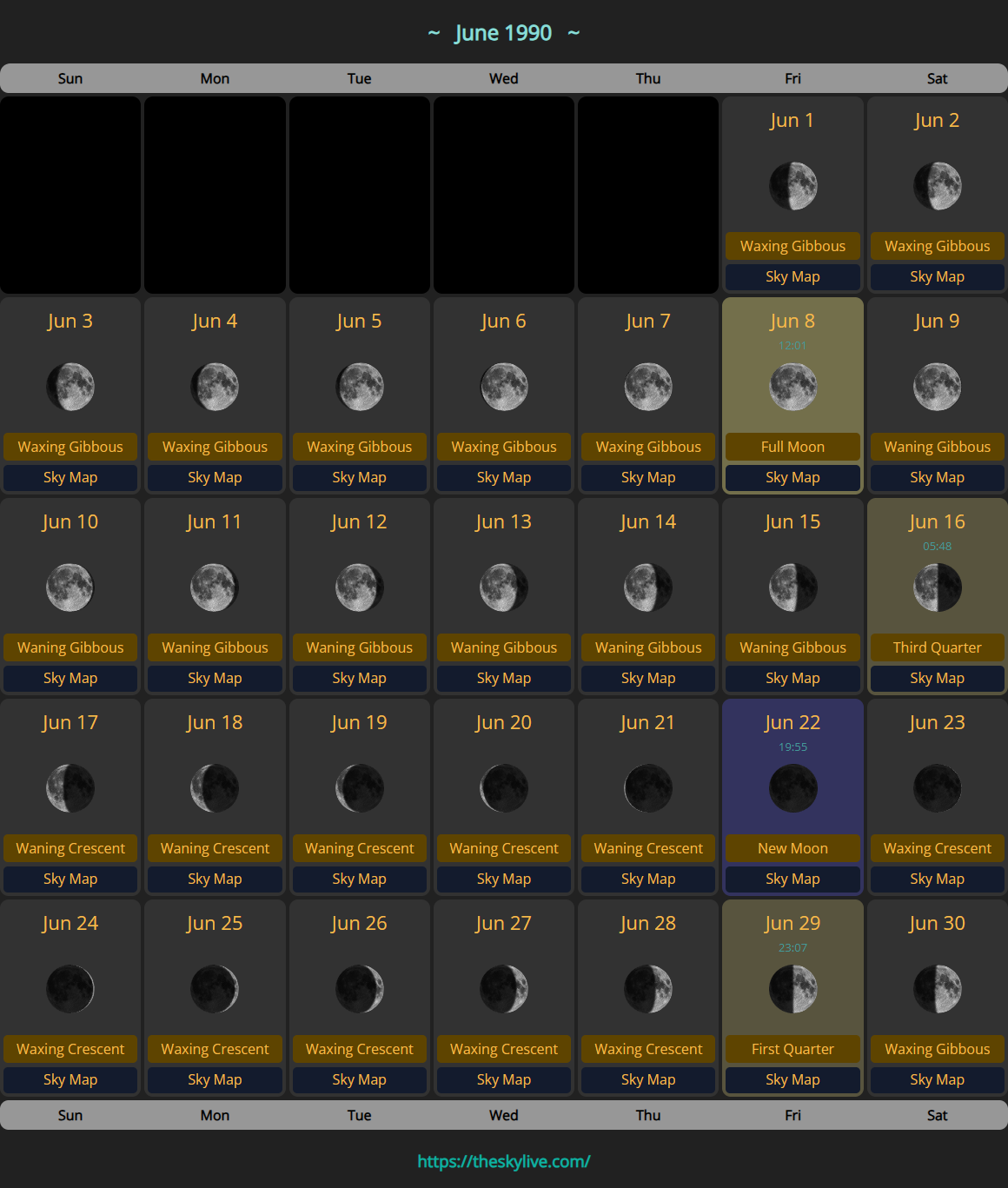 Calendario lunar: junio 1990 | TheSkyLive
