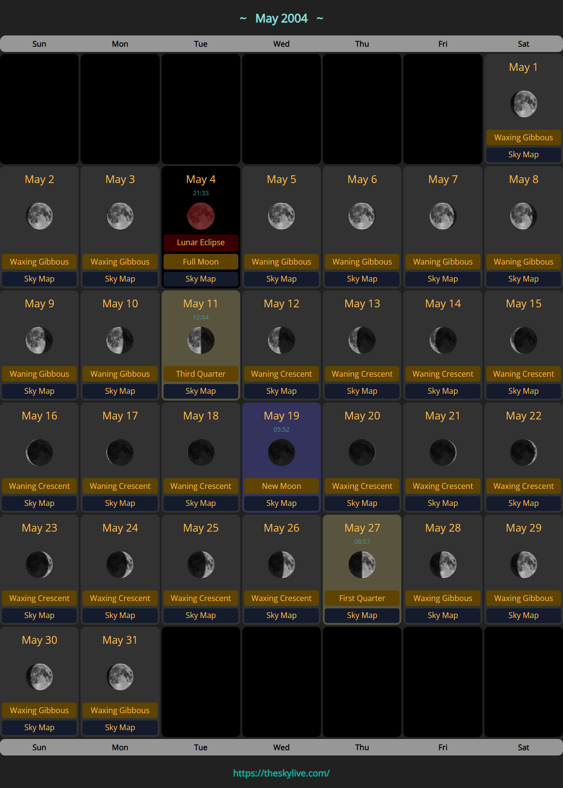 Moon Calendar: May 2004 | TheSkyLive