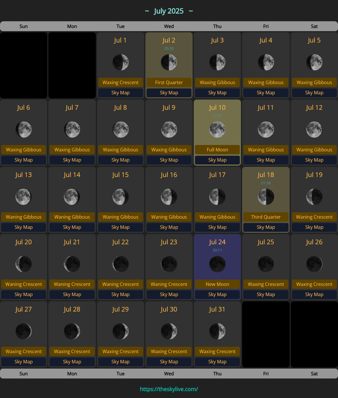 Calendario lunare: luglio 2025 | TheSkyLive