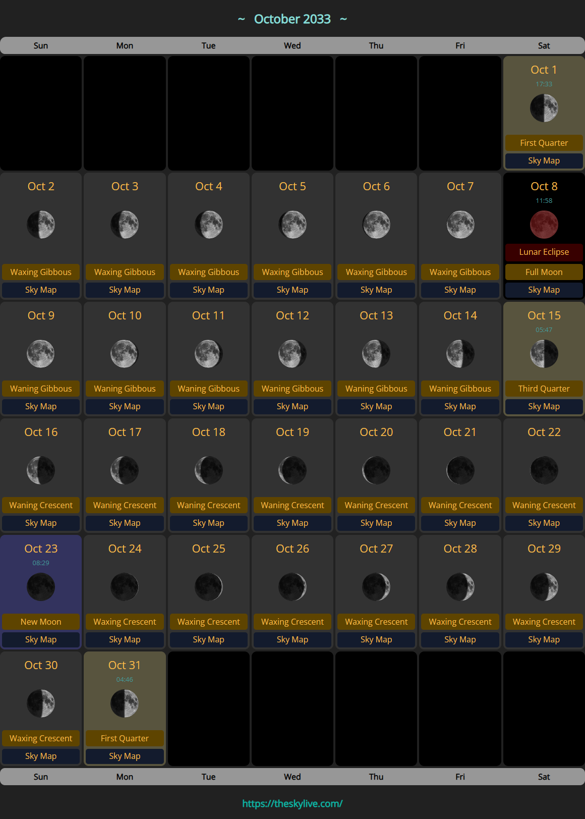 Calendario lunar: octubre 2033 | TheSkyLive