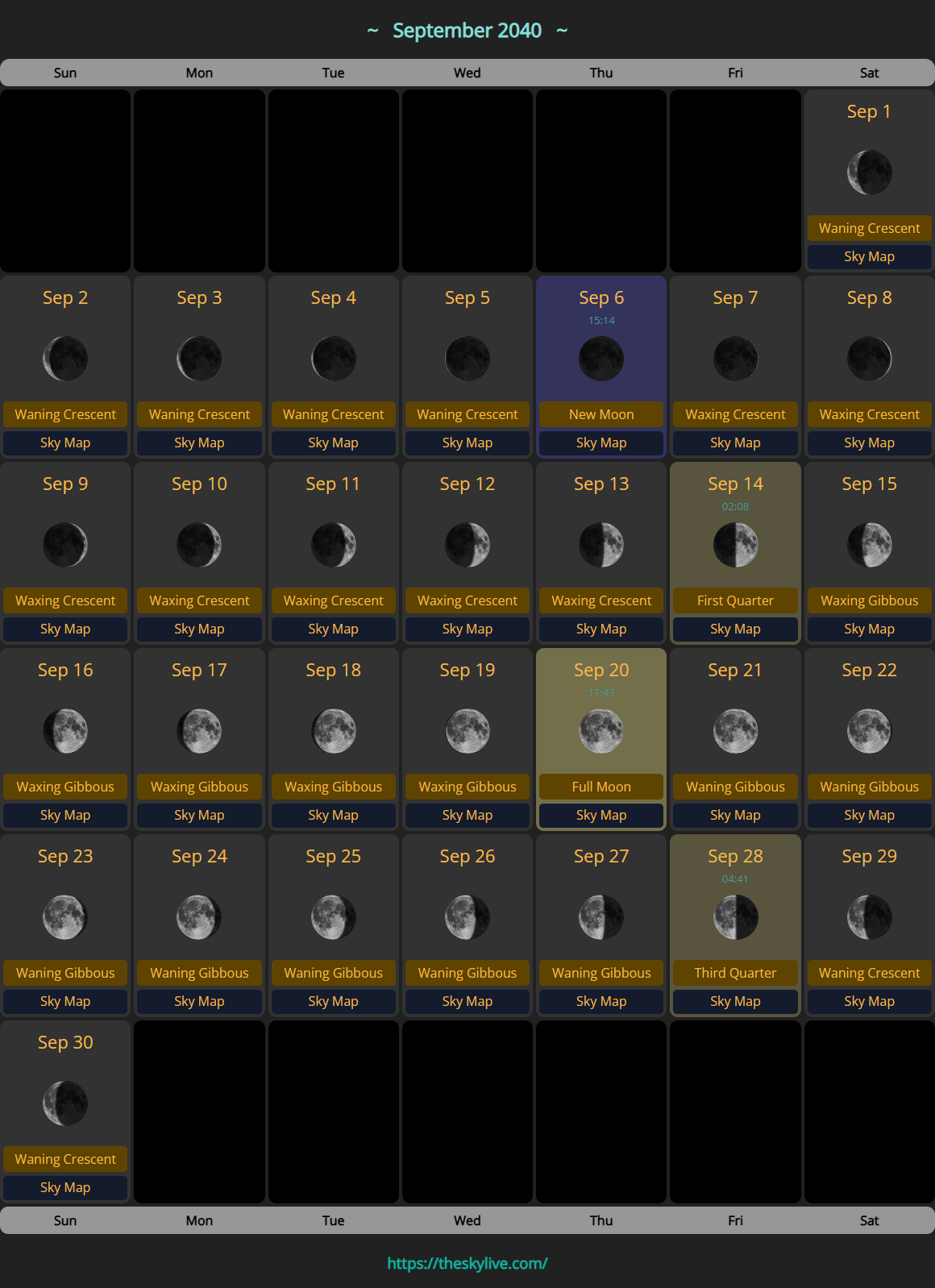 Moon Calendar: September 2040 | TheSkyLive