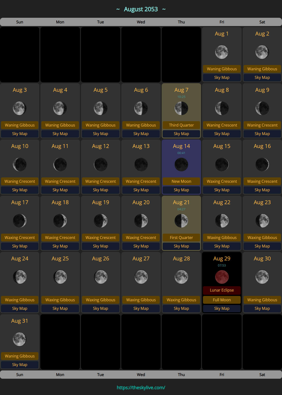 Moon Calendar: August 2053 | TheSkyLive