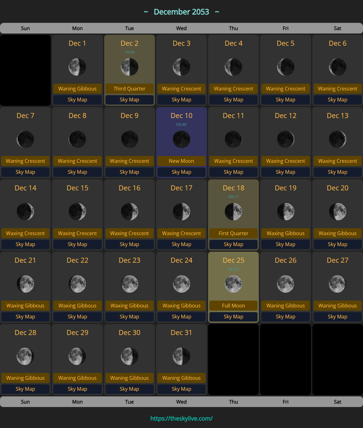 Moon Calendar: December 2053 | TheSkyLive