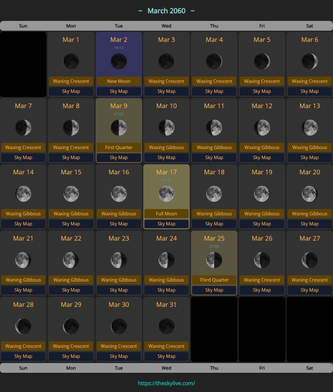 Moon Calendar: March 2060 | TheSkyLive