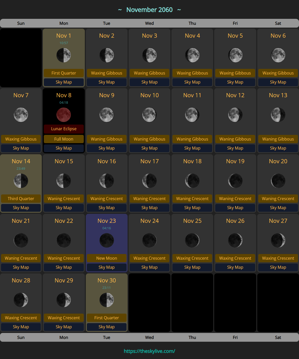 Moon Calendar: November 2060 | TheSkyLive