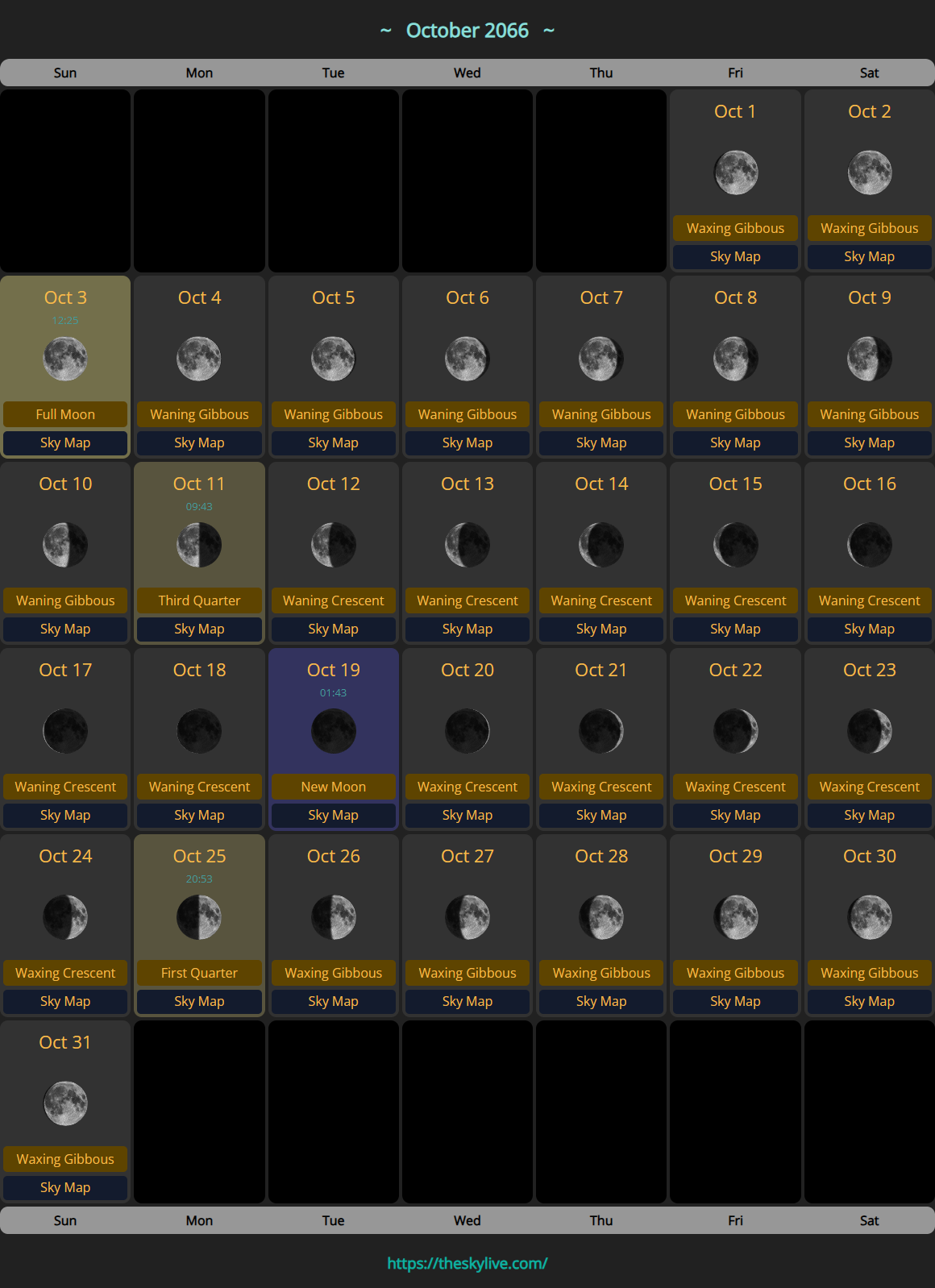 Moon Calendar: October 2066 | TheSkyLive