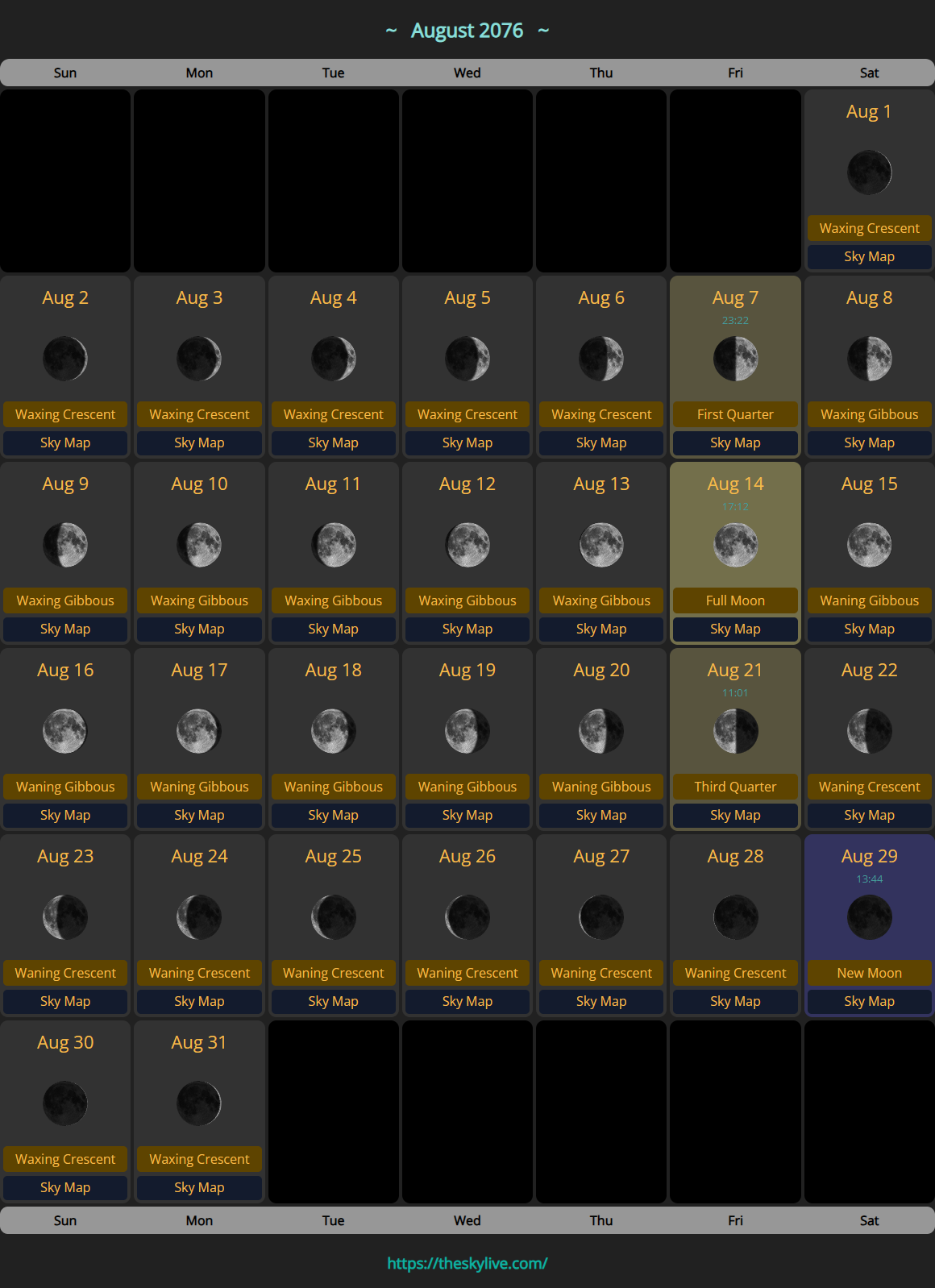Moon Calendar: August 2076 | TheSkyLive